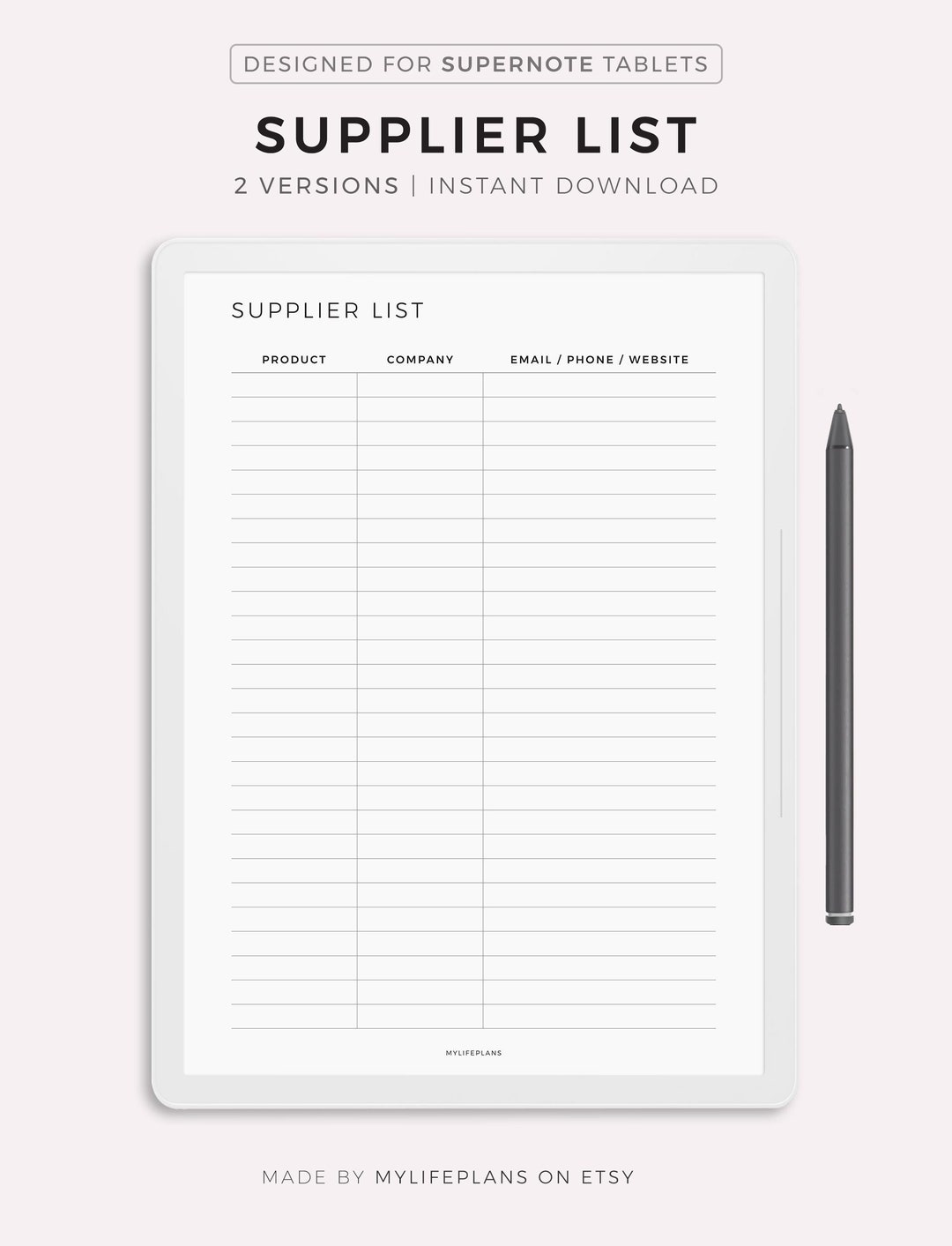 Supplier List Templatefor Supernote A5X2/A5X/A5/A6X2/A6X/A6, Instant ...