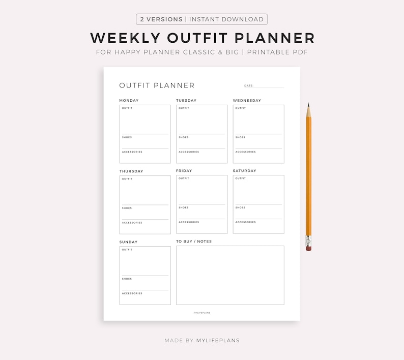 Weekly Outfit Planner, Printable for Happy Planner Classic and Big ...