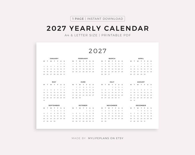 2027 Yearly Calendar: Landscape Planner, A4/letter Size (printable PDF ...