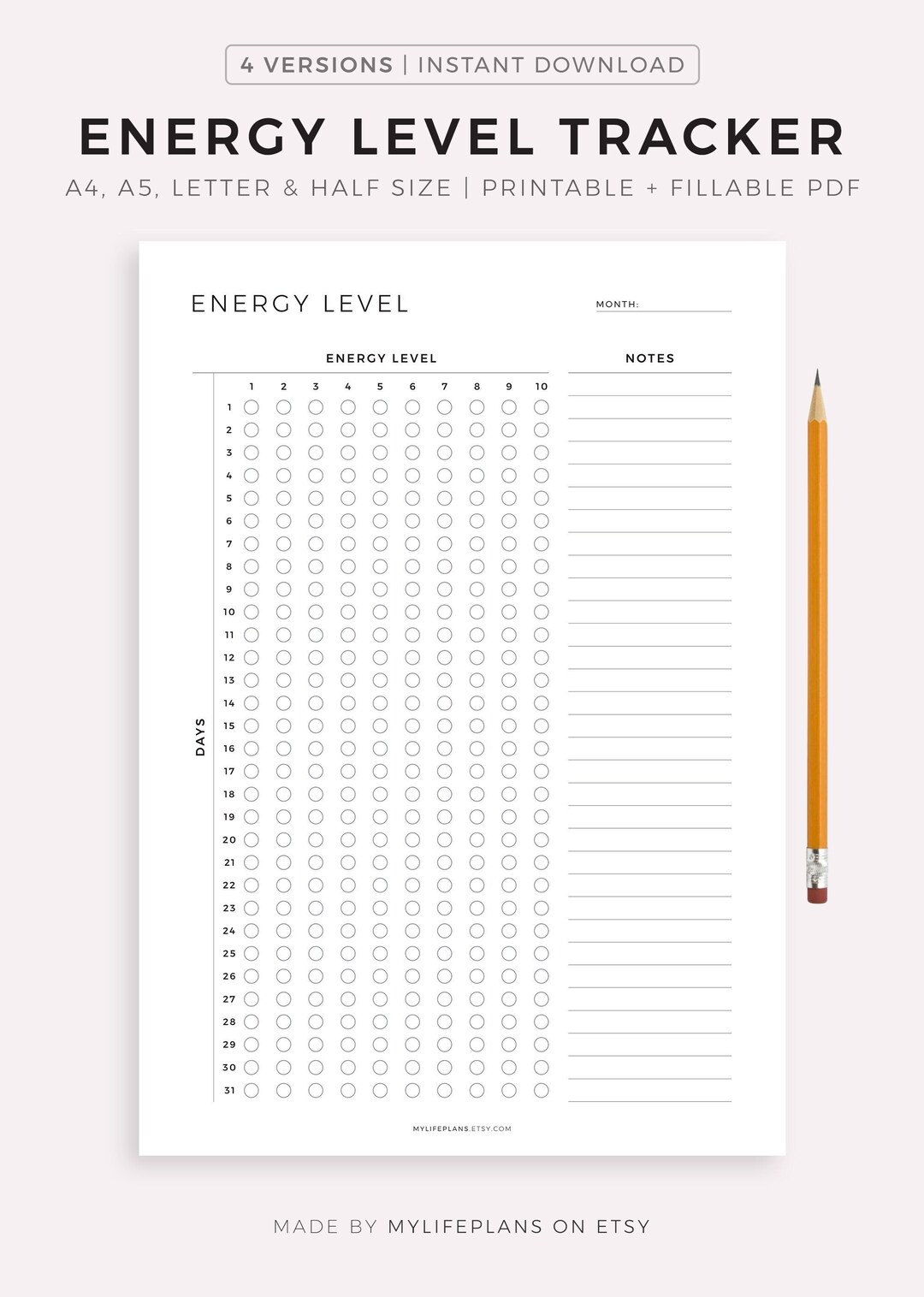 Daily Energy Level Tracker Printable, Track Monthly Energy Levels ...