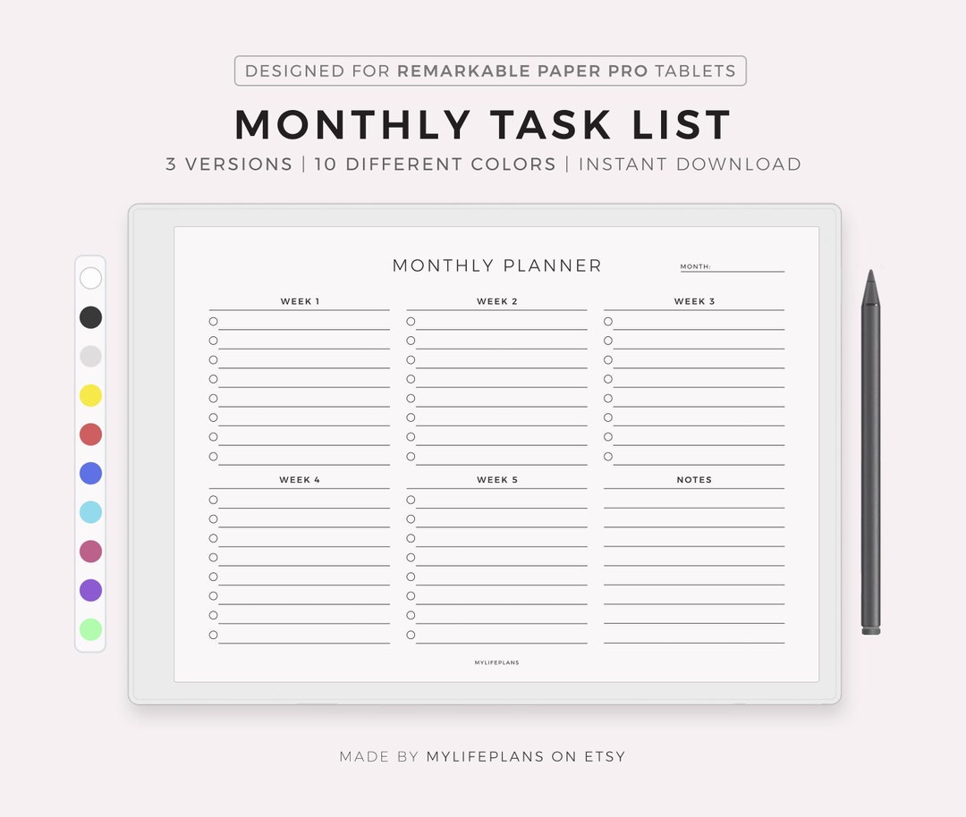 Monthly Task List for Remarkable Paper Pro, Landscape, to Do List ...