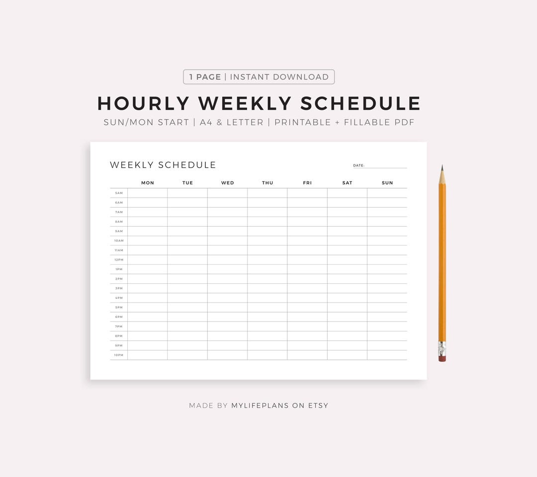 Hourly Weekly Schedule Landscape, Printable Weekly Planner, Week at a ...
