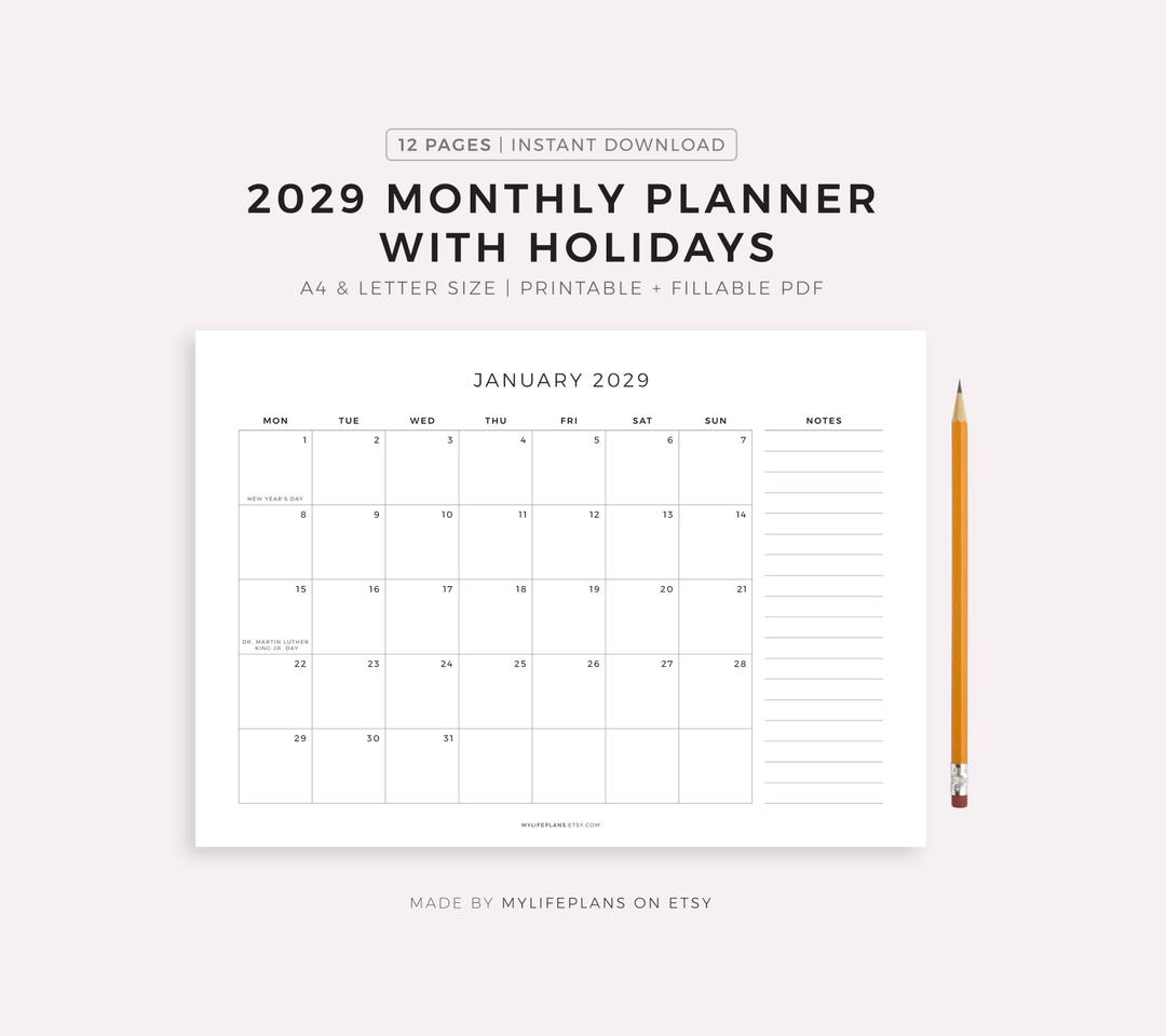 2029 Monthly Planner With Holidays, Monthly Organizer, Month at a ...