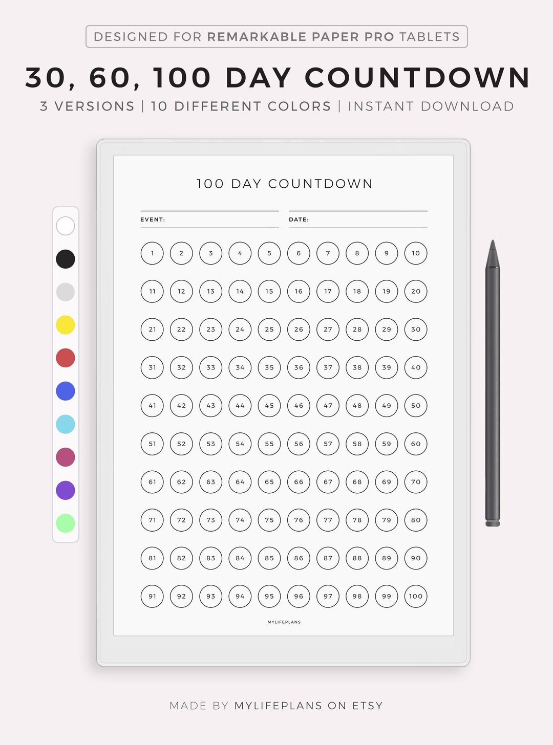 30, 60, 100 Day Countdown Tracker to Vacation, Birthday, Wedding, New ...