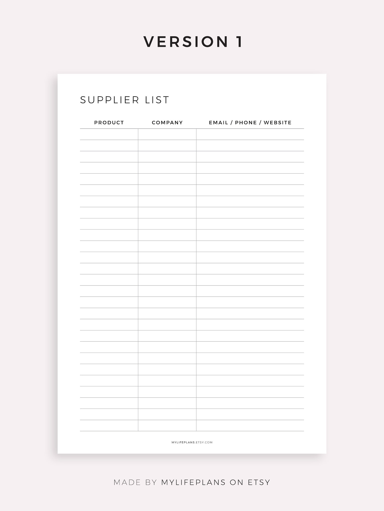 Supplier List Printable, Supplier Information Log, Supplies Vendor ...