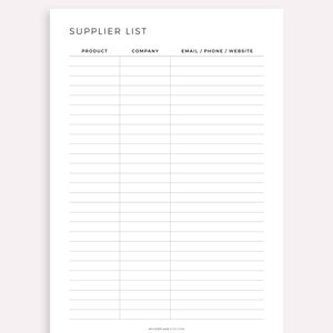 Supplier List Printable, Supplier Information Log, Supplies Vendor ...