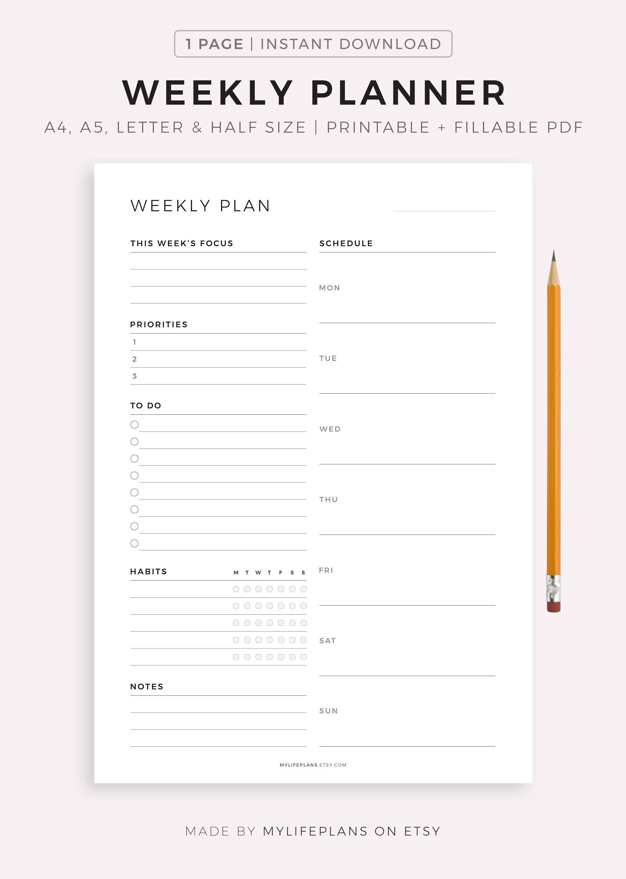 Weekly Planner Printable A5 A4 Letter Half Size Weekly - Etsy