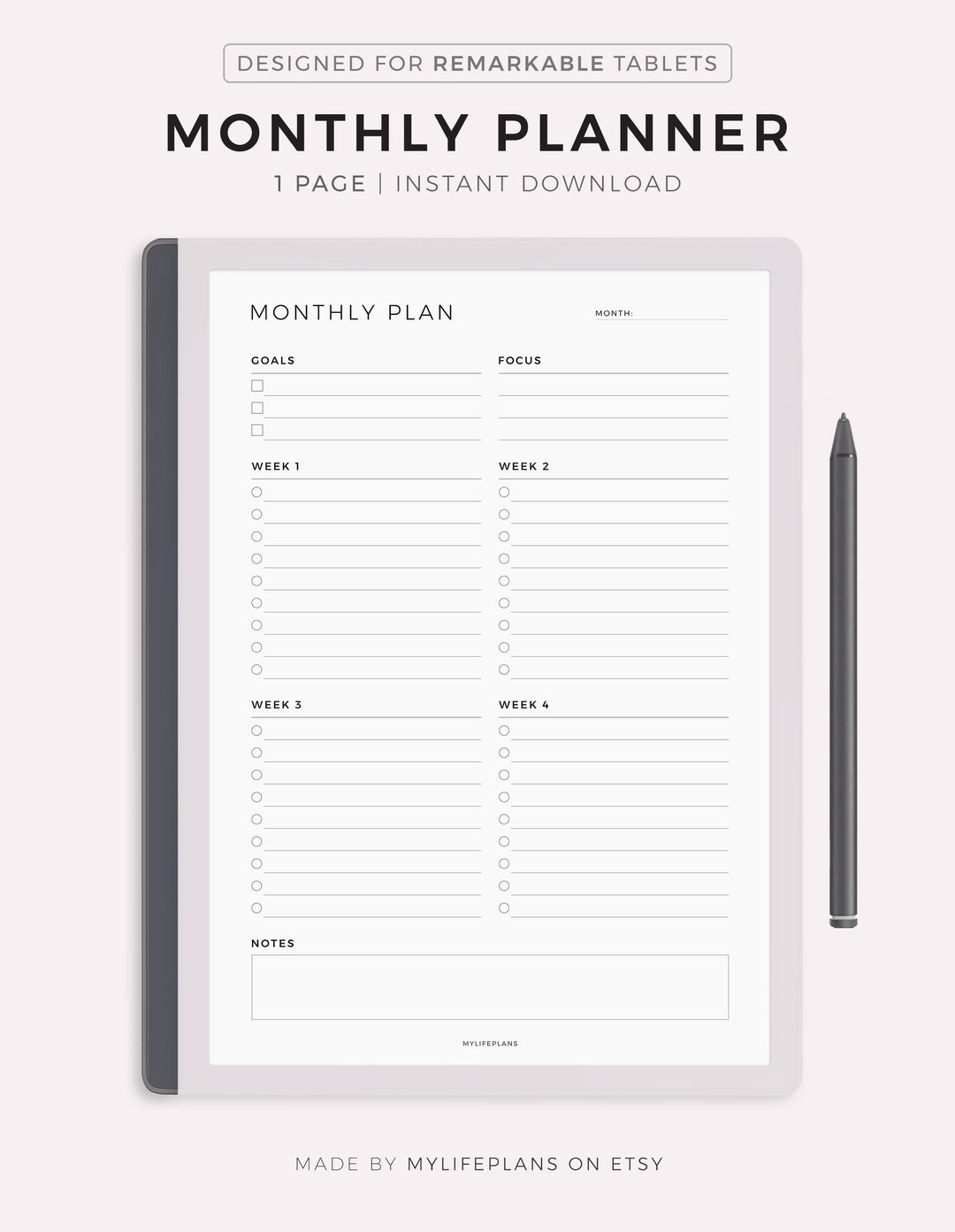 Monthly Planning Template for Remarkable 2, Instant Download - Etsy