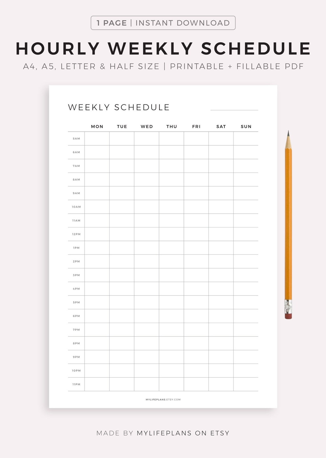 Hourly Weekly Schedule Printable Weekly Planner Week At a | Etsy