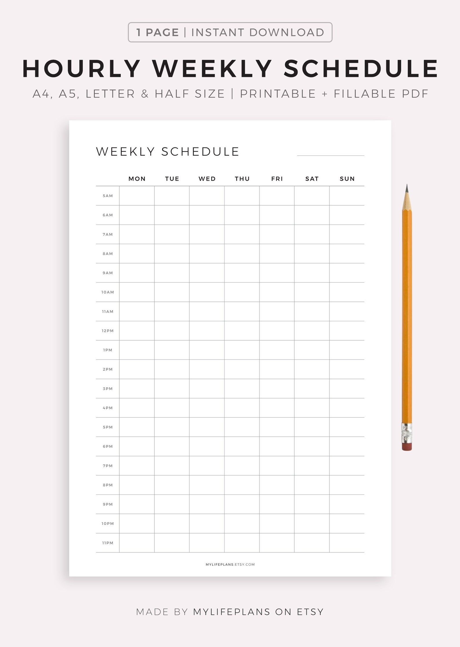 Hourly Weekly Schedule Printable Weekly Planner Week at a - Etsy