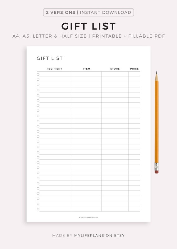 Gift List Planner Printable Gift Ideas Gift Tracker Gift - Etsy