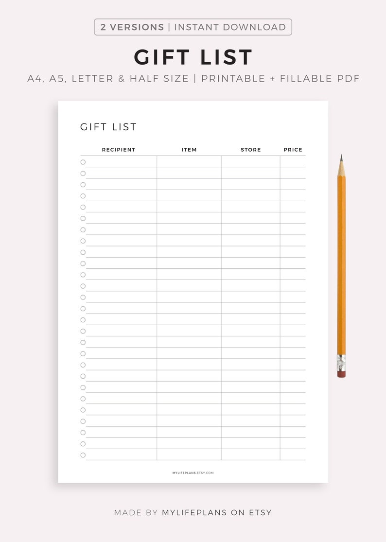 Simple Gift List Planner Printable Gift Ideas Gift Tracker - Etsy