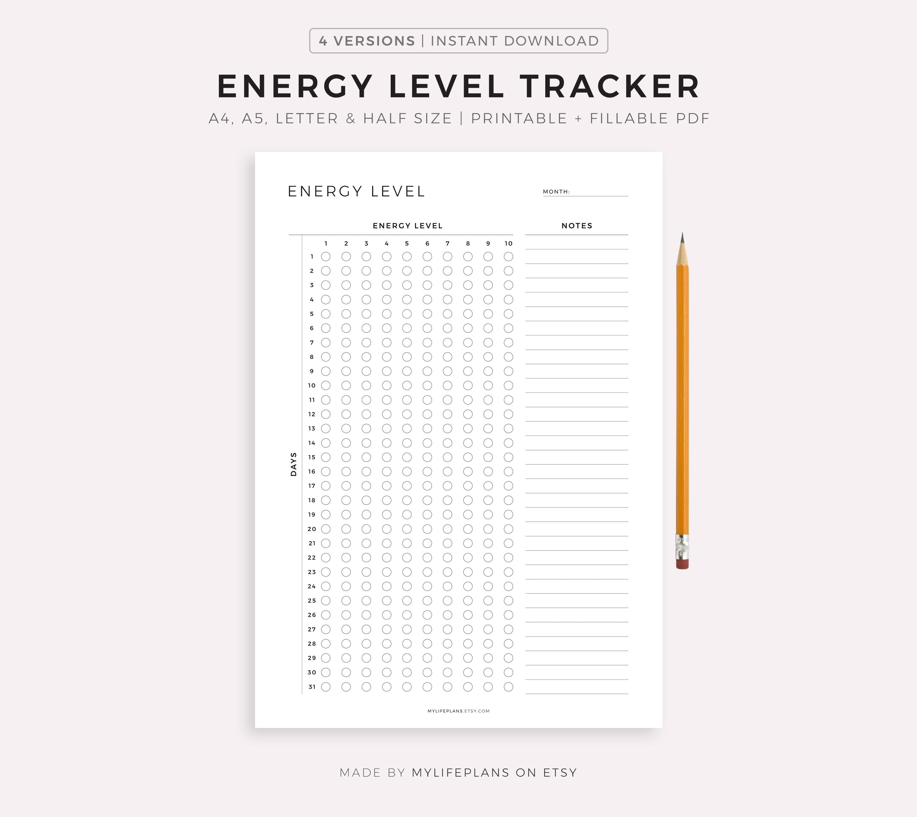 Daily Energy Level Tracker Printable, Track Monthly Energy Levels ...