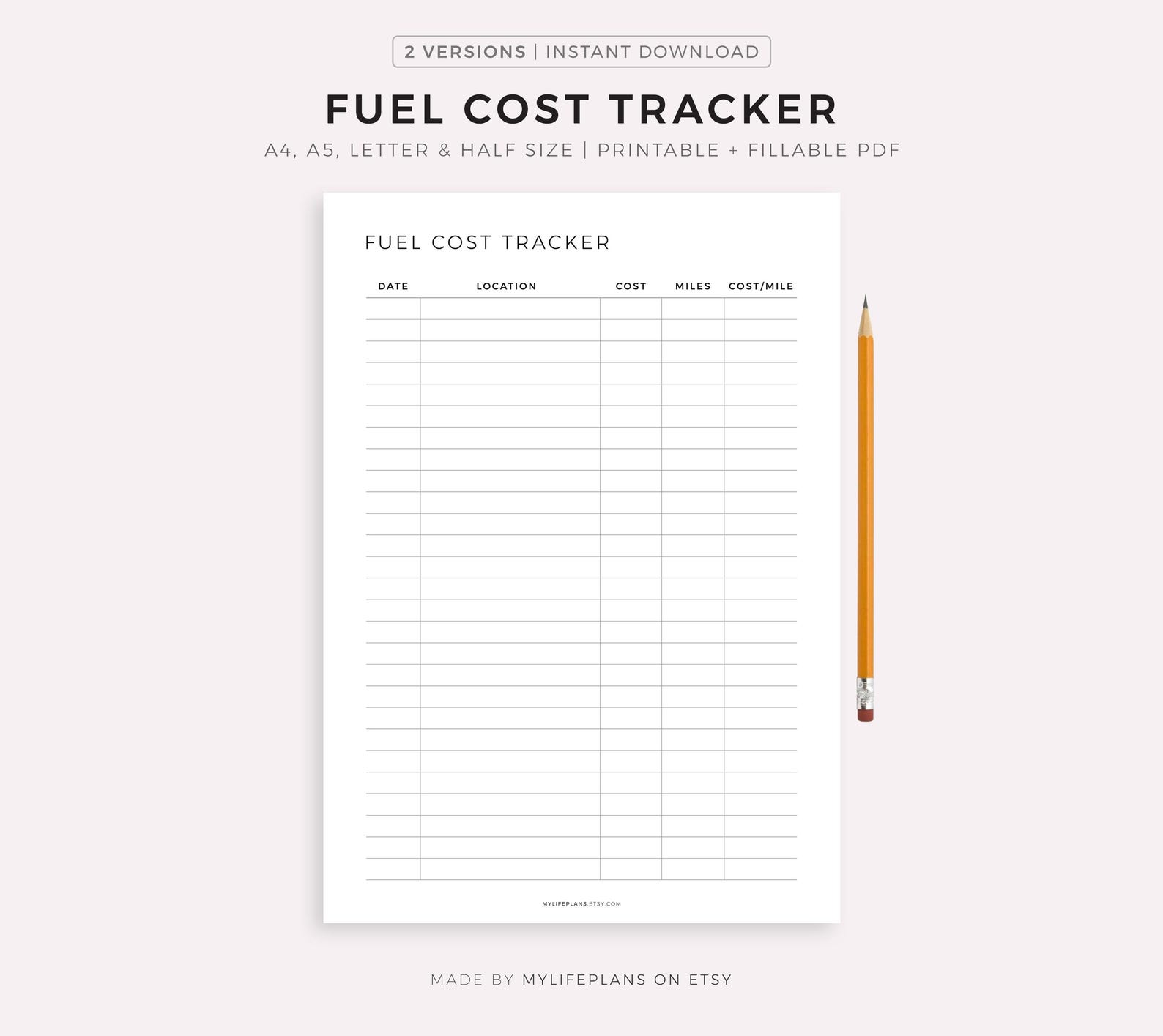 Printable Fuel Cost Tracker, Gas Price Tracker, Cost per Mile Log, Fuel ...