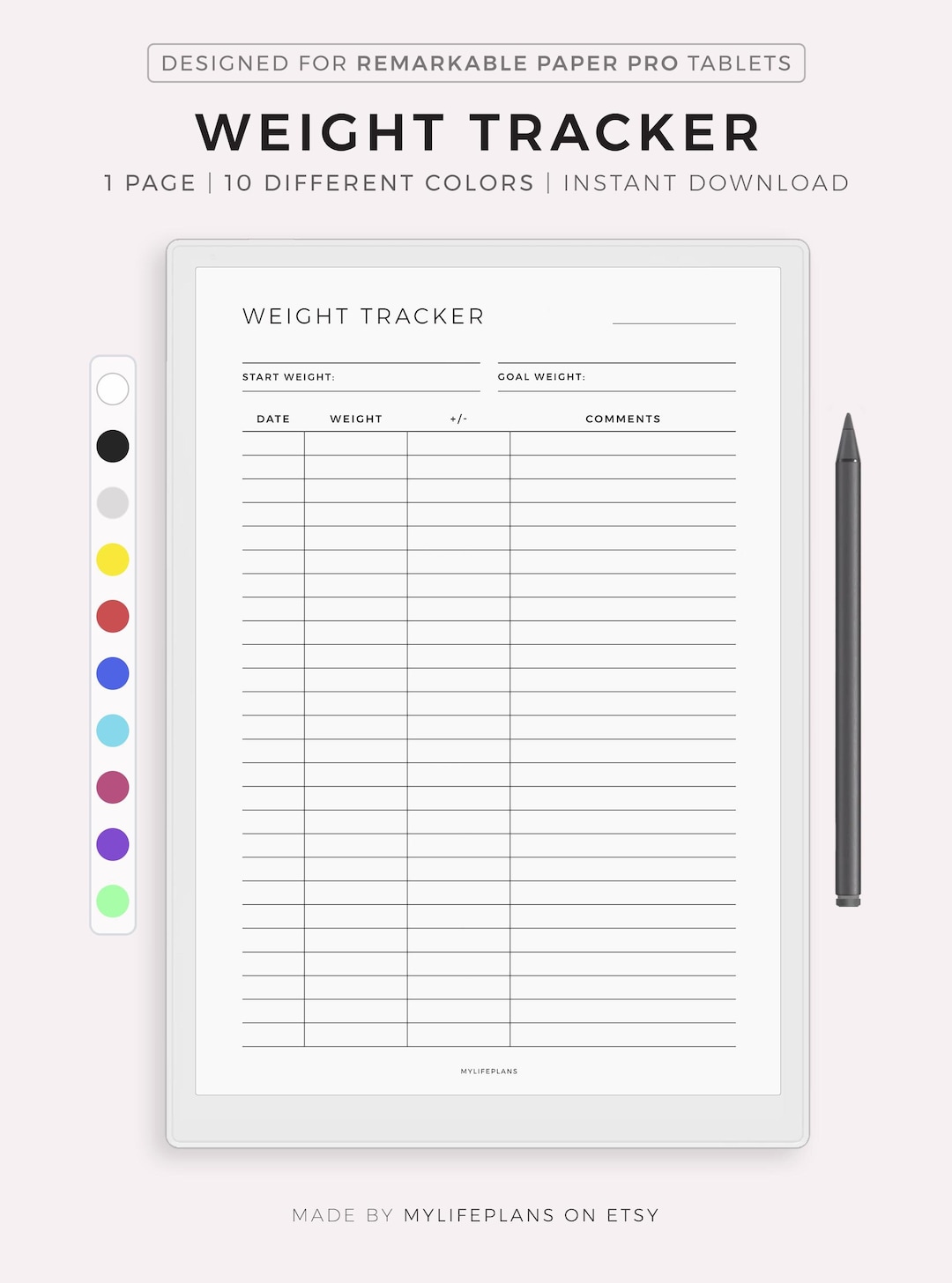 Simple Weight Tracker for Remarkable Paper Pro, Weight Log Template ...