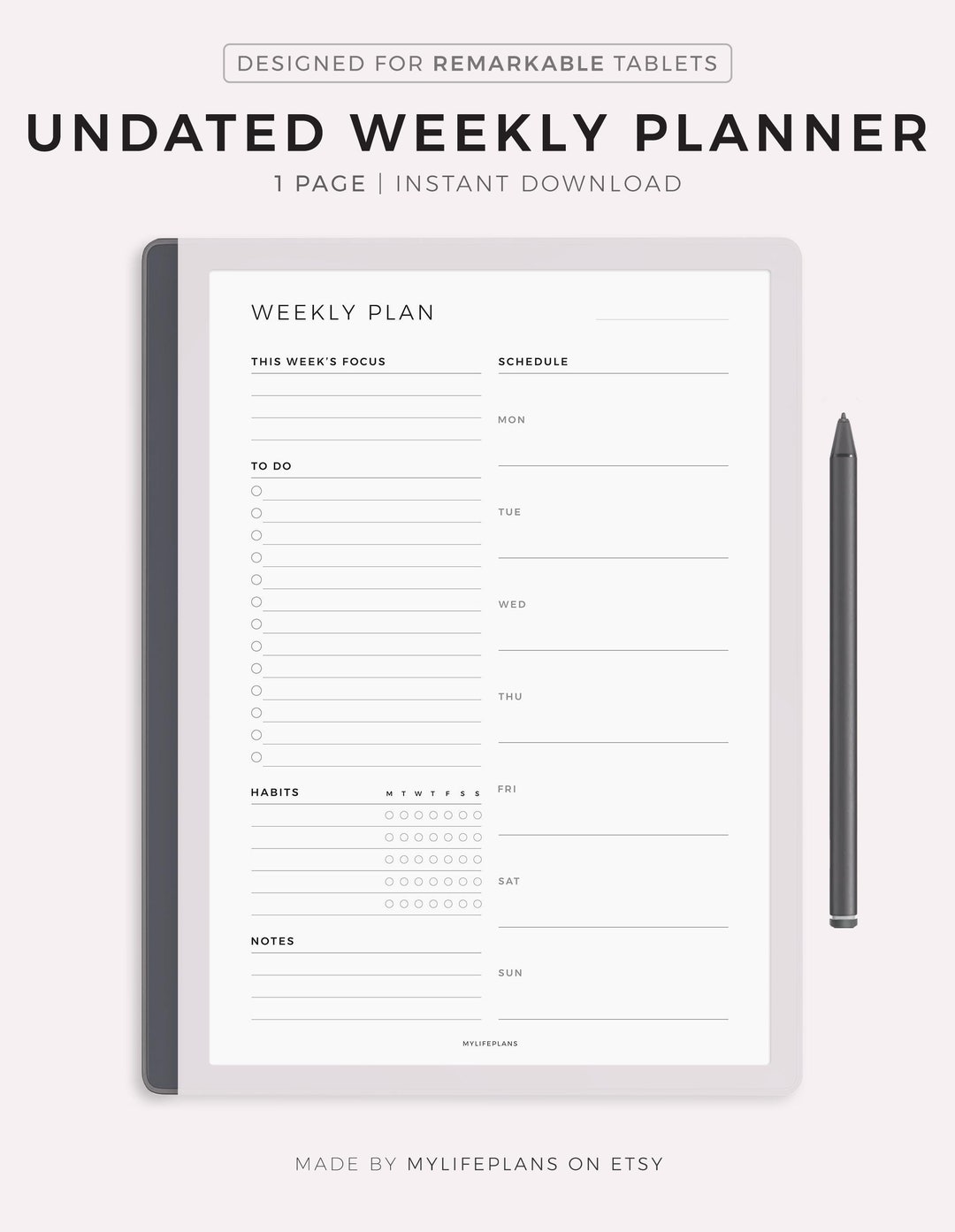 Undated Weekly Planner for Remarkable 2, Instant Download - Etsy