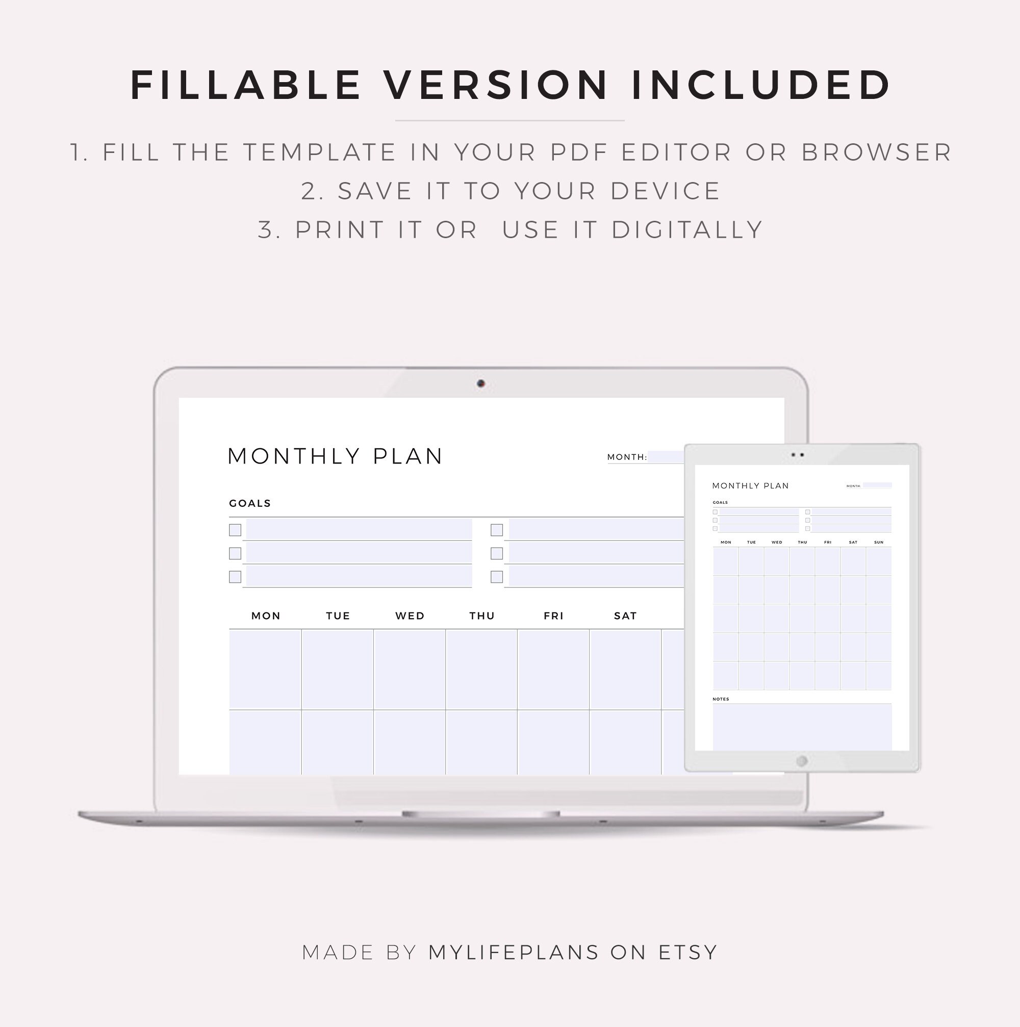 Monthly Goal Planner Printable, Fillable Monthly Planner, Monday and ...