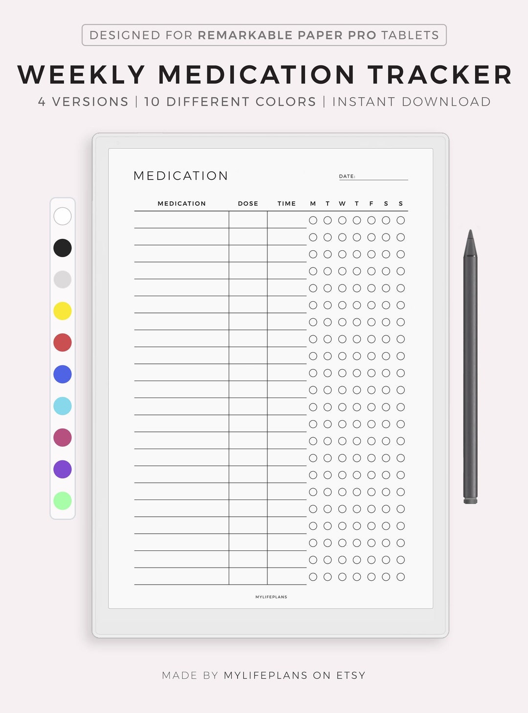 Weekly Medication Tracker for Remarkable Paper Pro, Medication Schedule ...