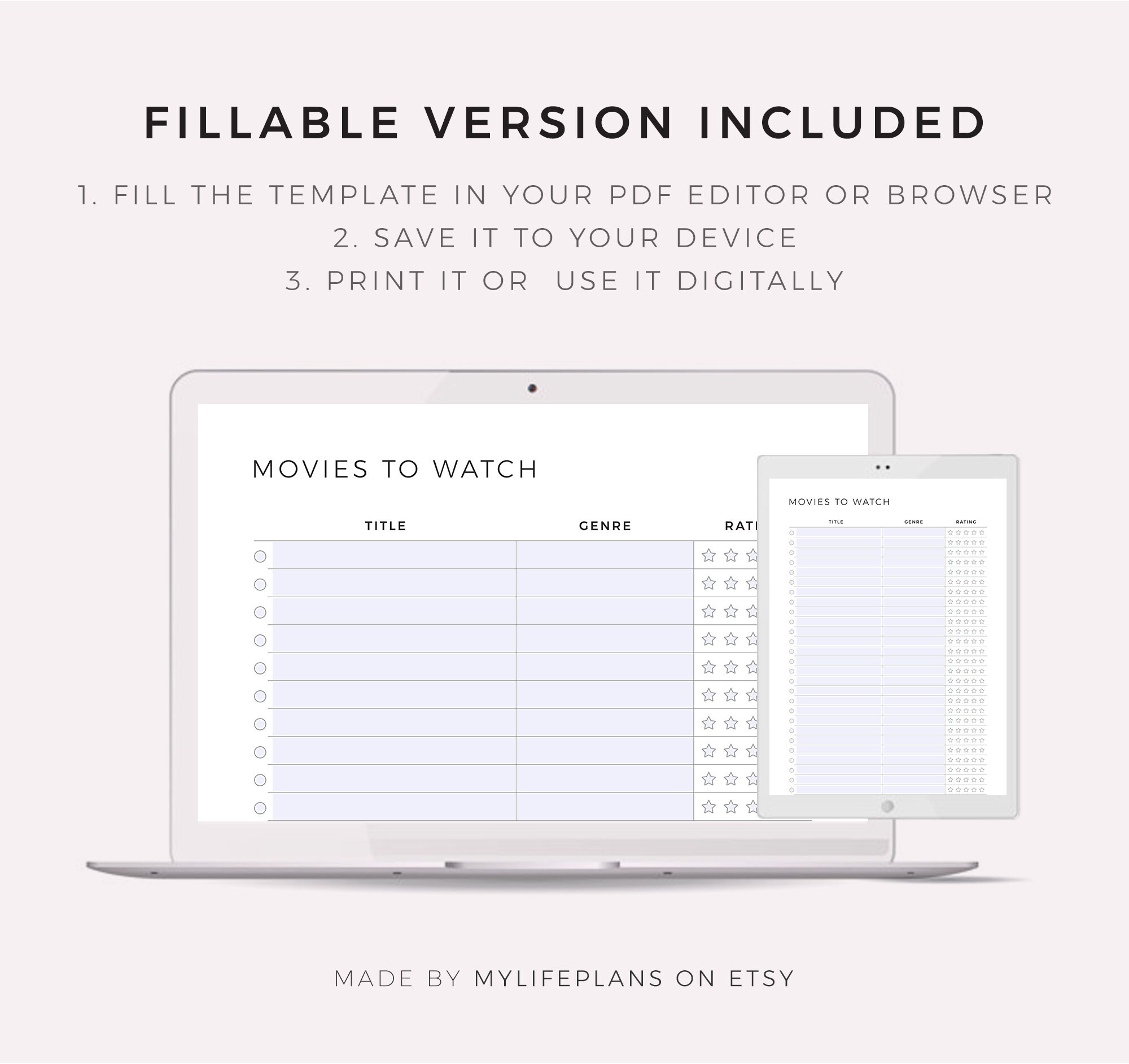 Movies to Watch List Printable, Movie Planner, Movie Tracker, Film ...