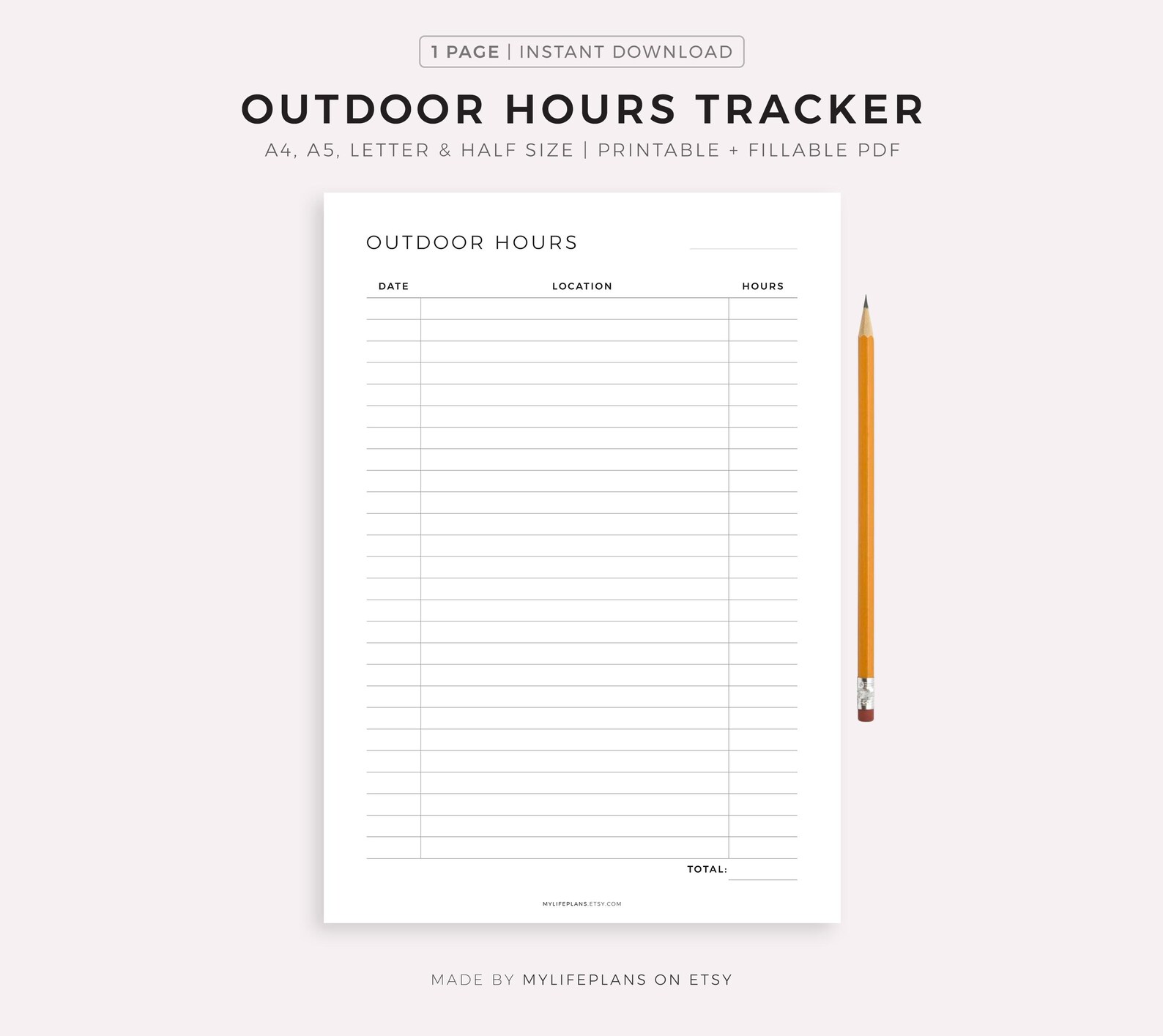 Outdoor Hours Tracker Printable, Track Your Time Outdoors, Activity Log ...