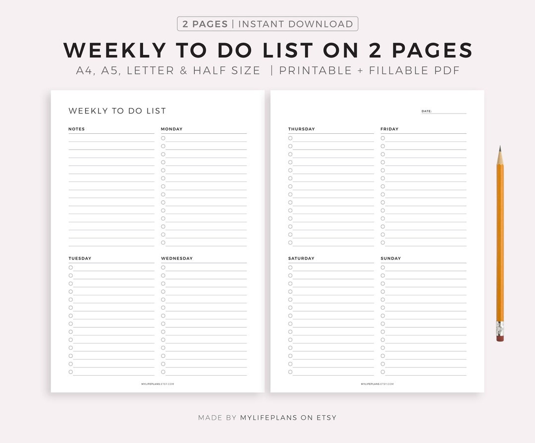 Printable Weekly to Do List on Two Pages, Weekly Task List, Weekly ...