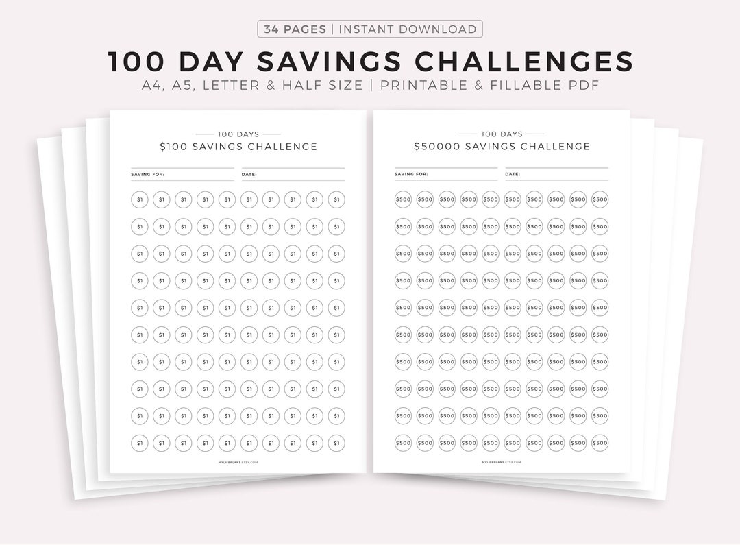 100 Day Money Saving Challenges Printable & Fillable PDF, Savings Trackers, Finance Planner, A4 ...