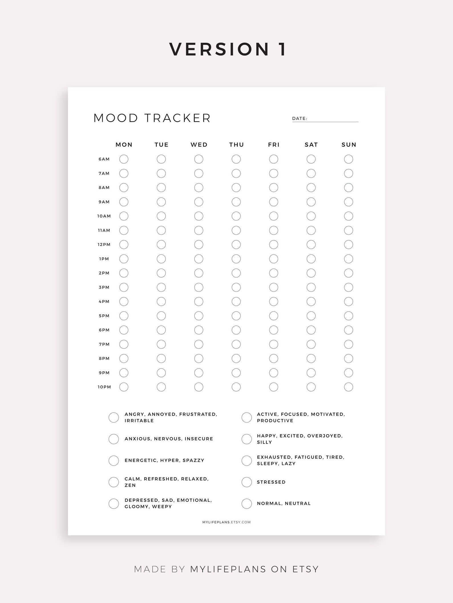 Hourly Mood Tracker Printable, Weekly Mood Journal, Emotion Tracker ...