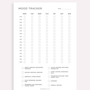 Hourly Mood Tracker Printable, Weekly Mood Journal, Emotion Tracker ...