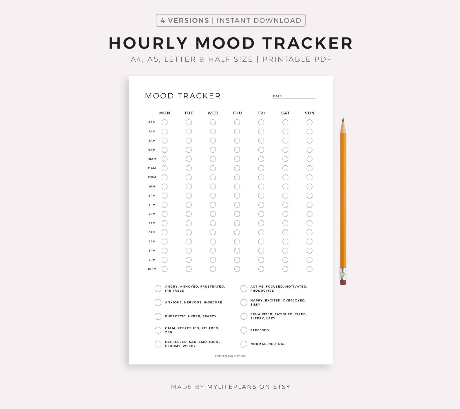 Hourly Mood Tracker Printable, Weekly Mood Journal, Emotion Tracker ...