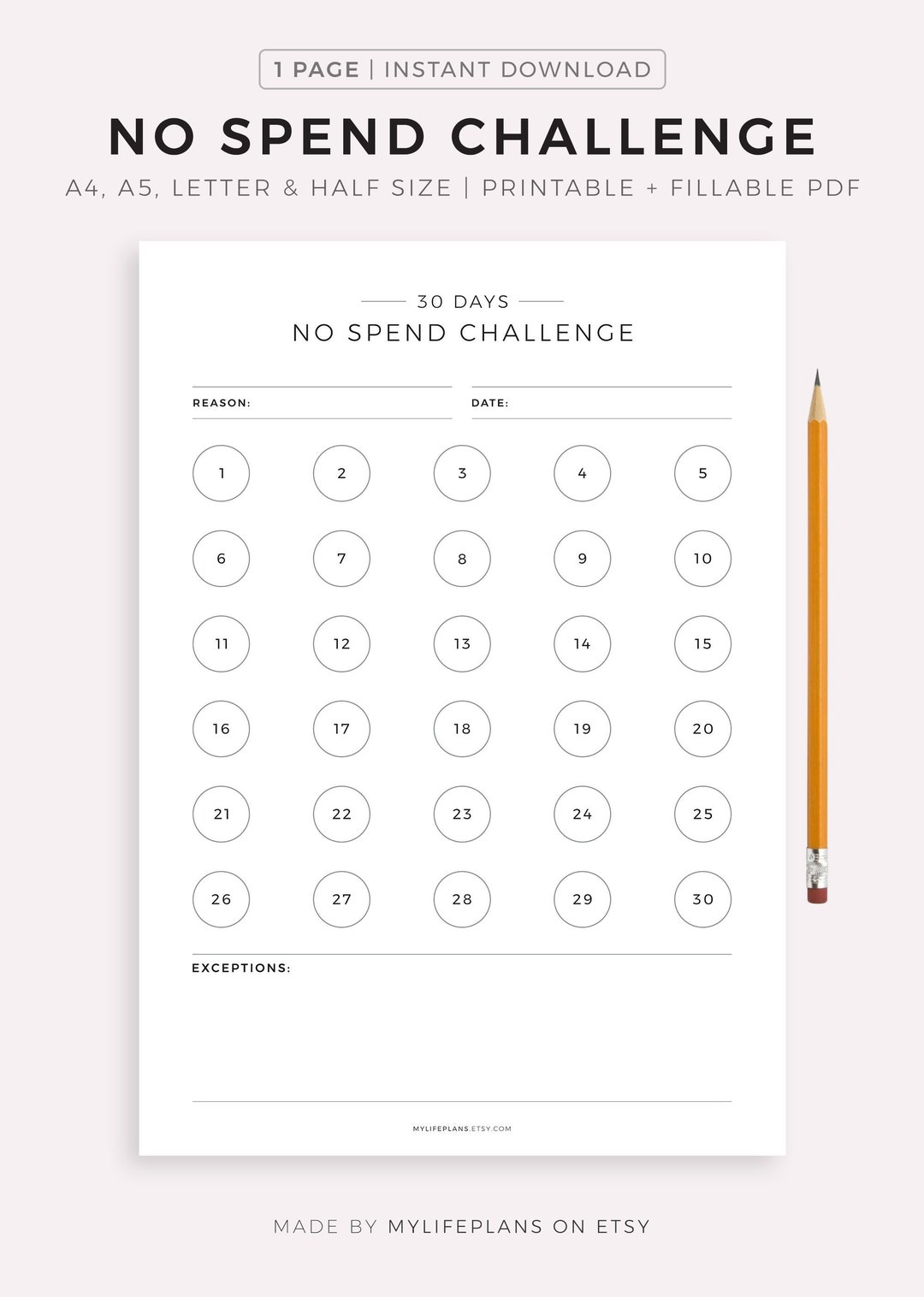 30 Day No Spending Challenge, Money Saving Challenge, Savings Tracker ...