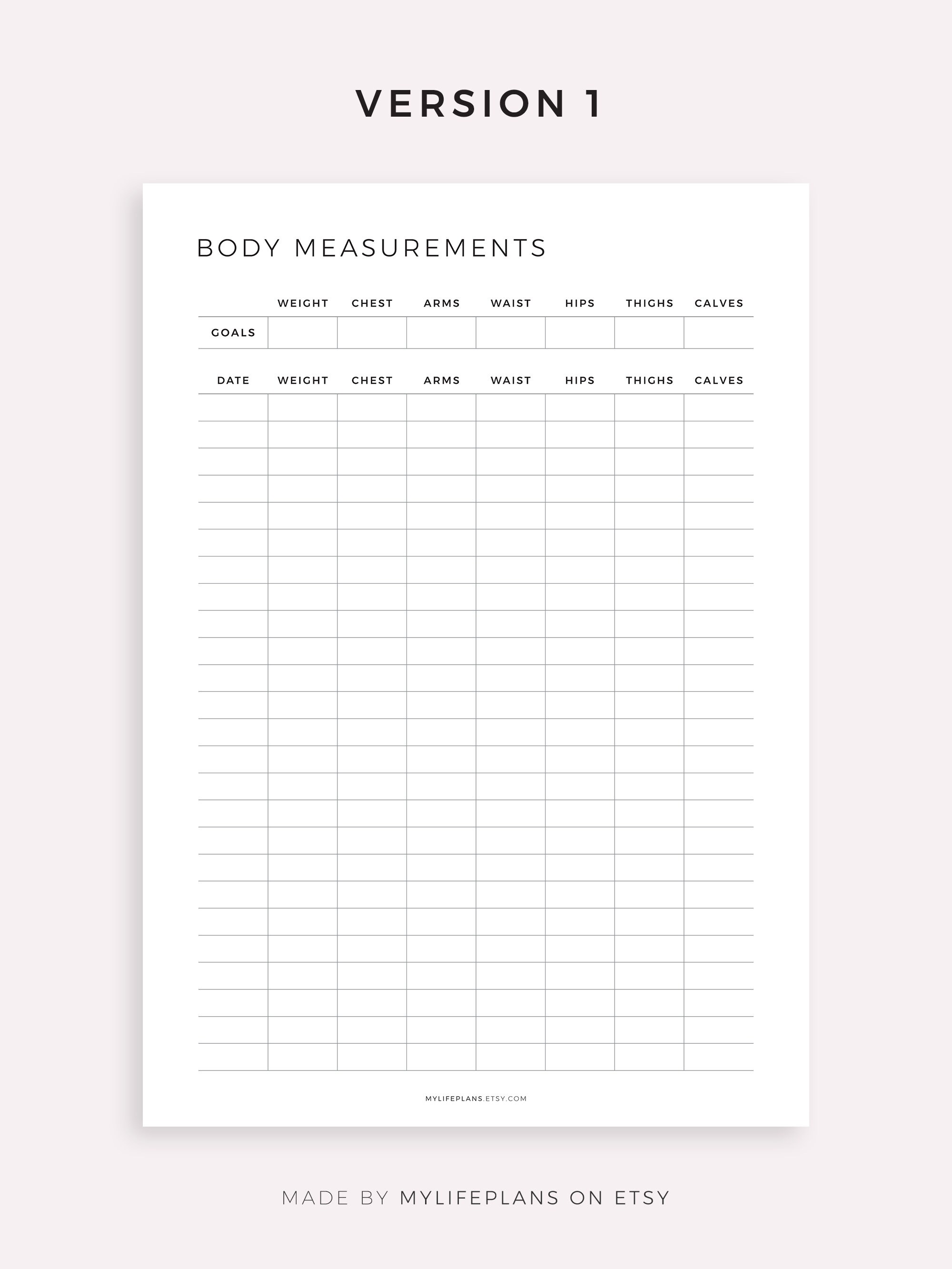 Body Measurements Tracker Printable, Fitness Progress Sheet, Body ...