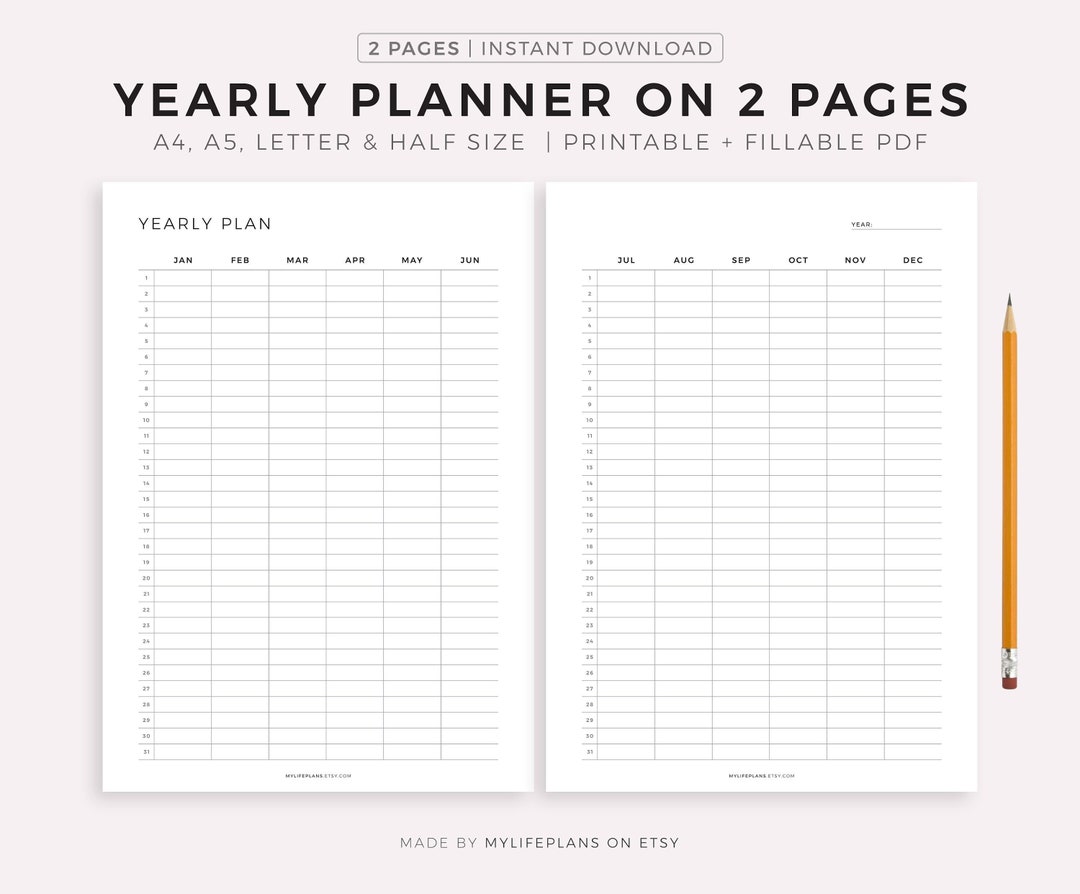 2 Page Yearly Planner Printable, Year at a Glance, Yearly Agenda, 12 ...