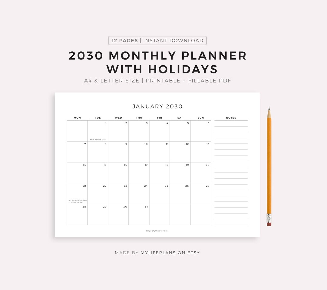 2030 Monthly Planner With Holidays, Monthly Organizer, Month at a ...