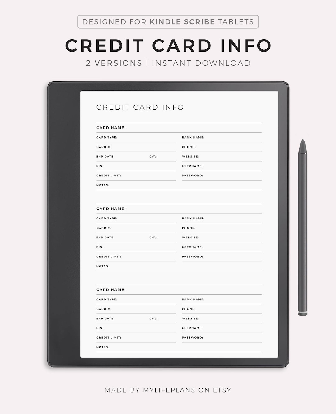 Credit Card Information Tracker, Credit Card Log, Compatible With ...