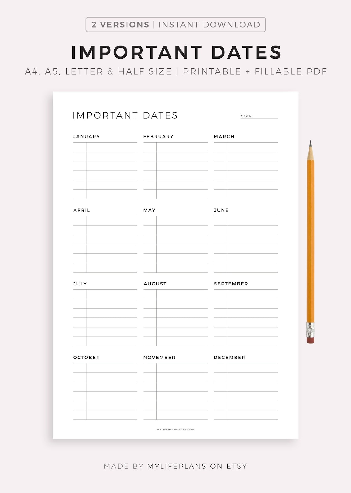 Yearly Important Dates Printable Birthdays Anniversaries - Etsy