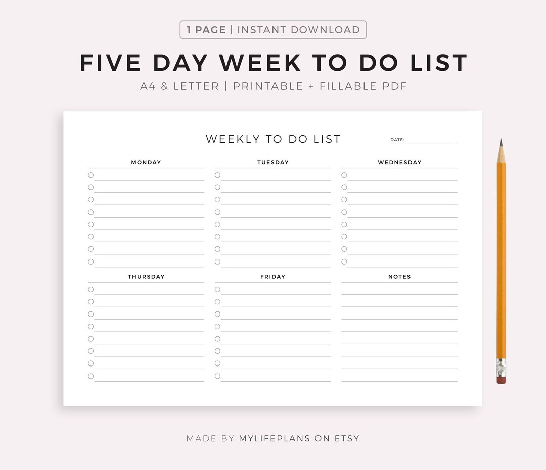 Five Day Week to Do List Printable Landscape, Weekly Task List, Week at ...