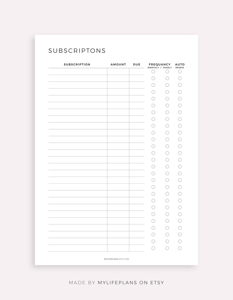 Subscription Tracker Printable Membership Checklist Expense - Etsy