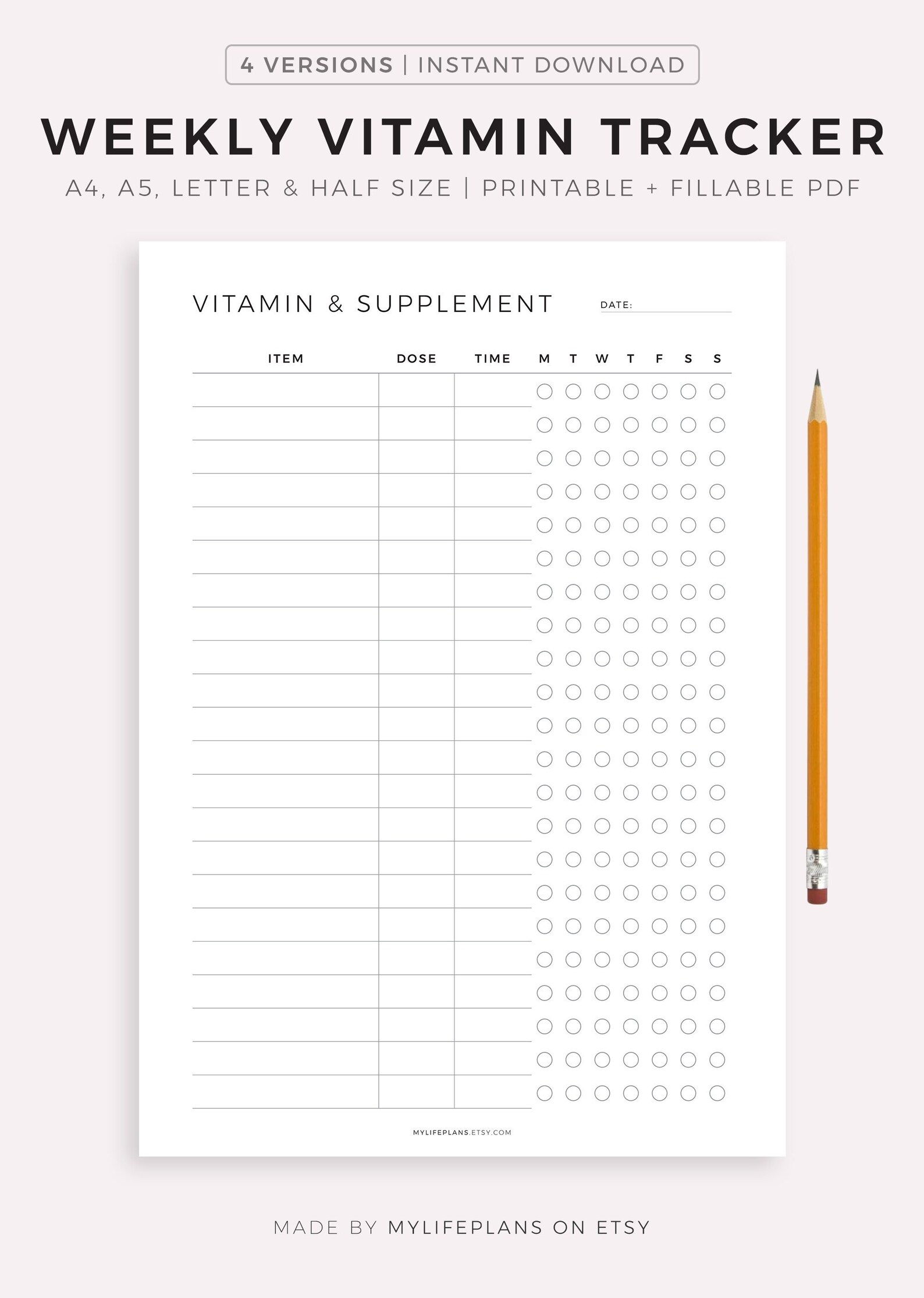 Weekly Vitamin Tracker Printable, Supplement Checklist, Daily Vitamin ...