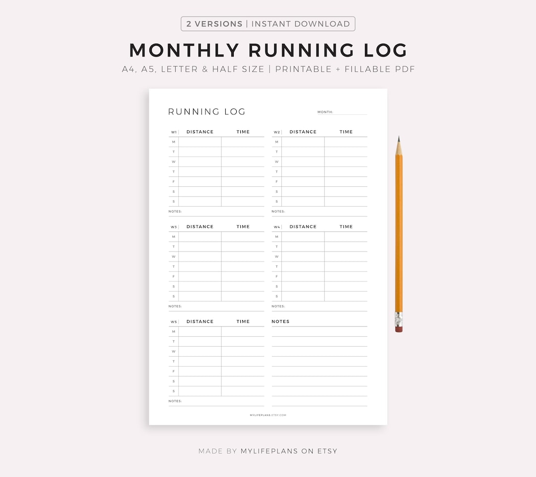 Monthly Running Log Printable Template, Running Journal, Cardio ...