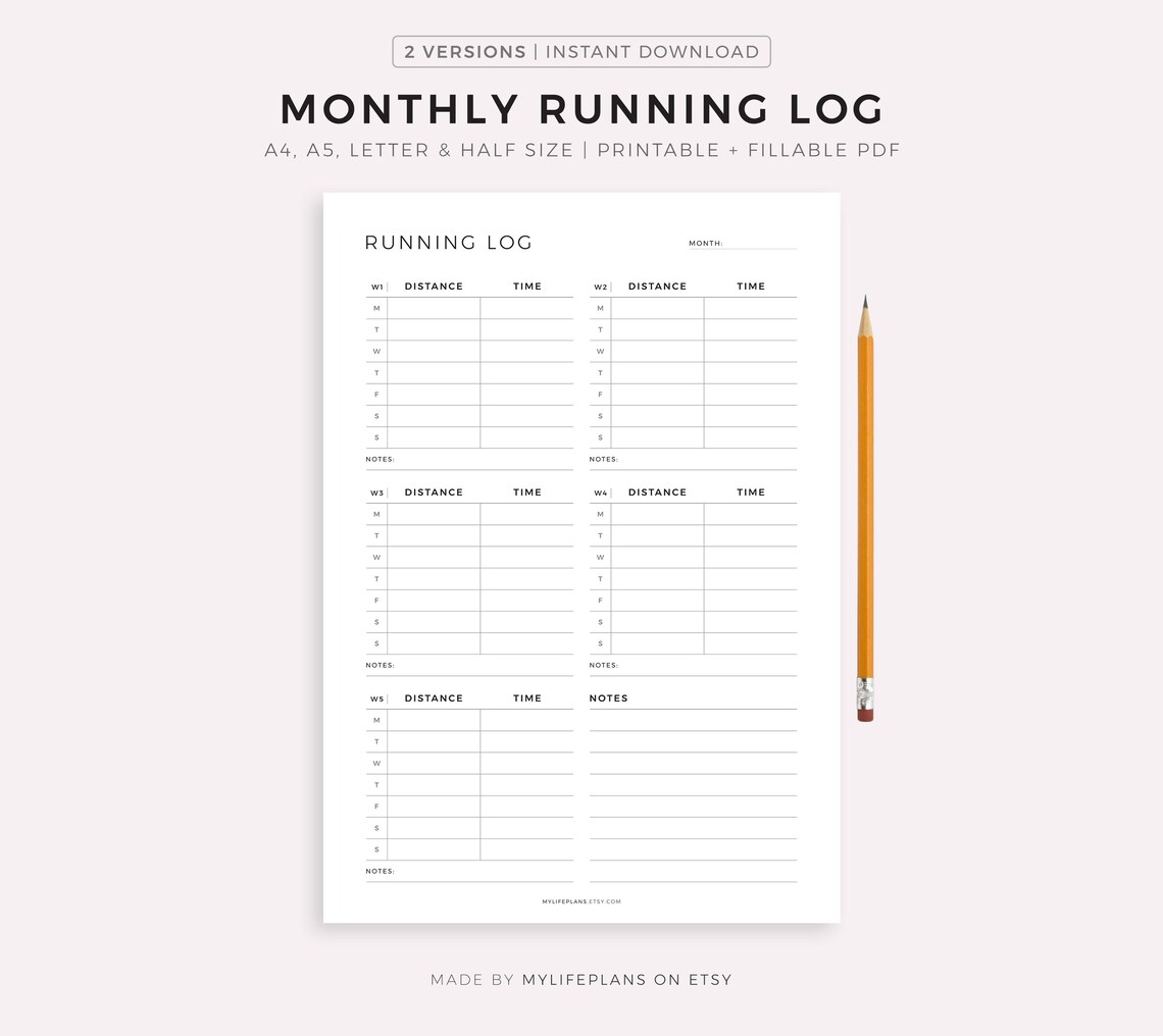 Monthly Running Log Printable Template, Running Journal, Cardio ...