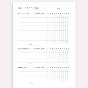 Monthly, Quartly, Yearly Bill Tracker on One Page Printable, Bill ...