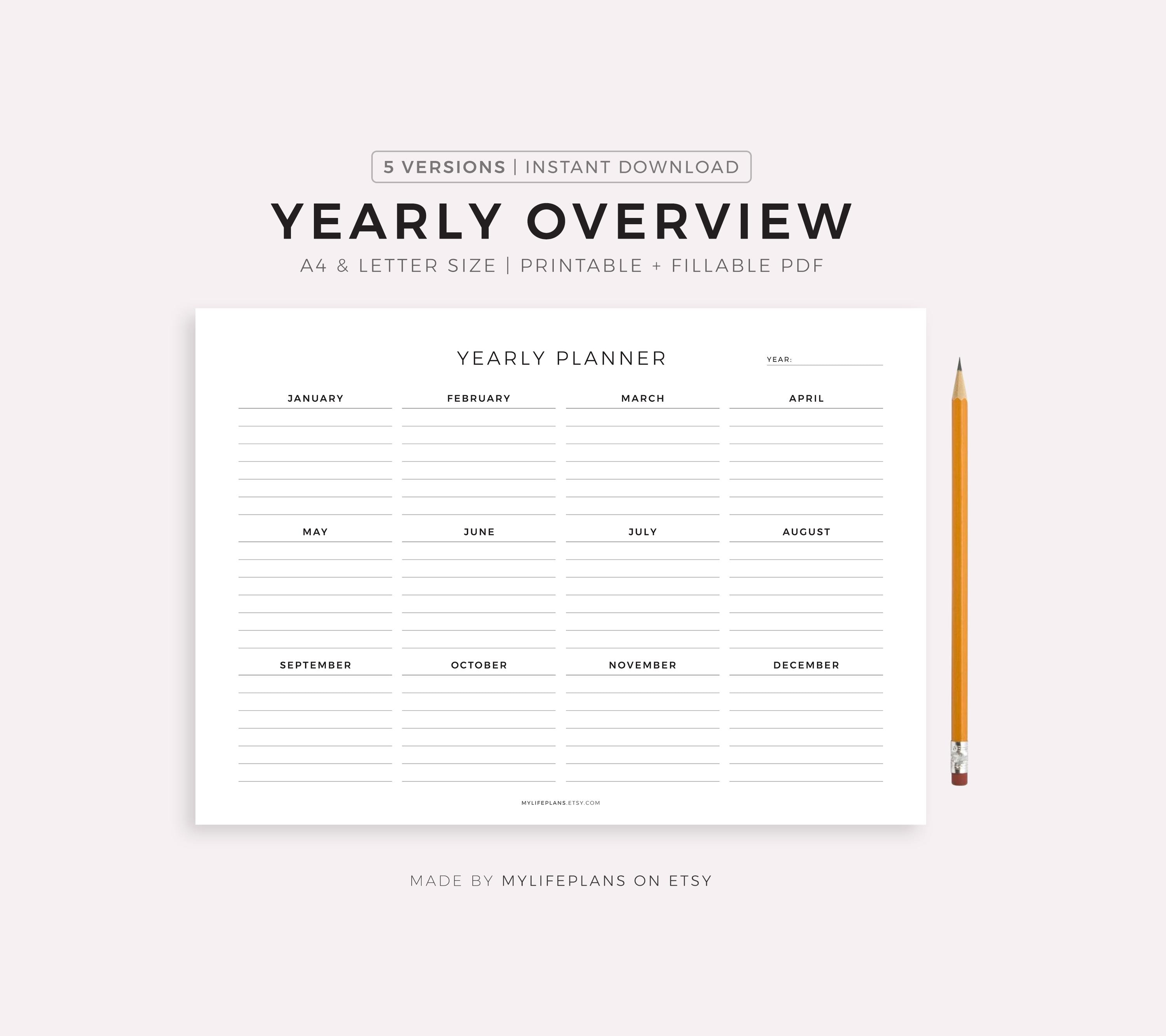 Yearly Overview Printable Landscape, Yearly Planner, Year at a Glance ...