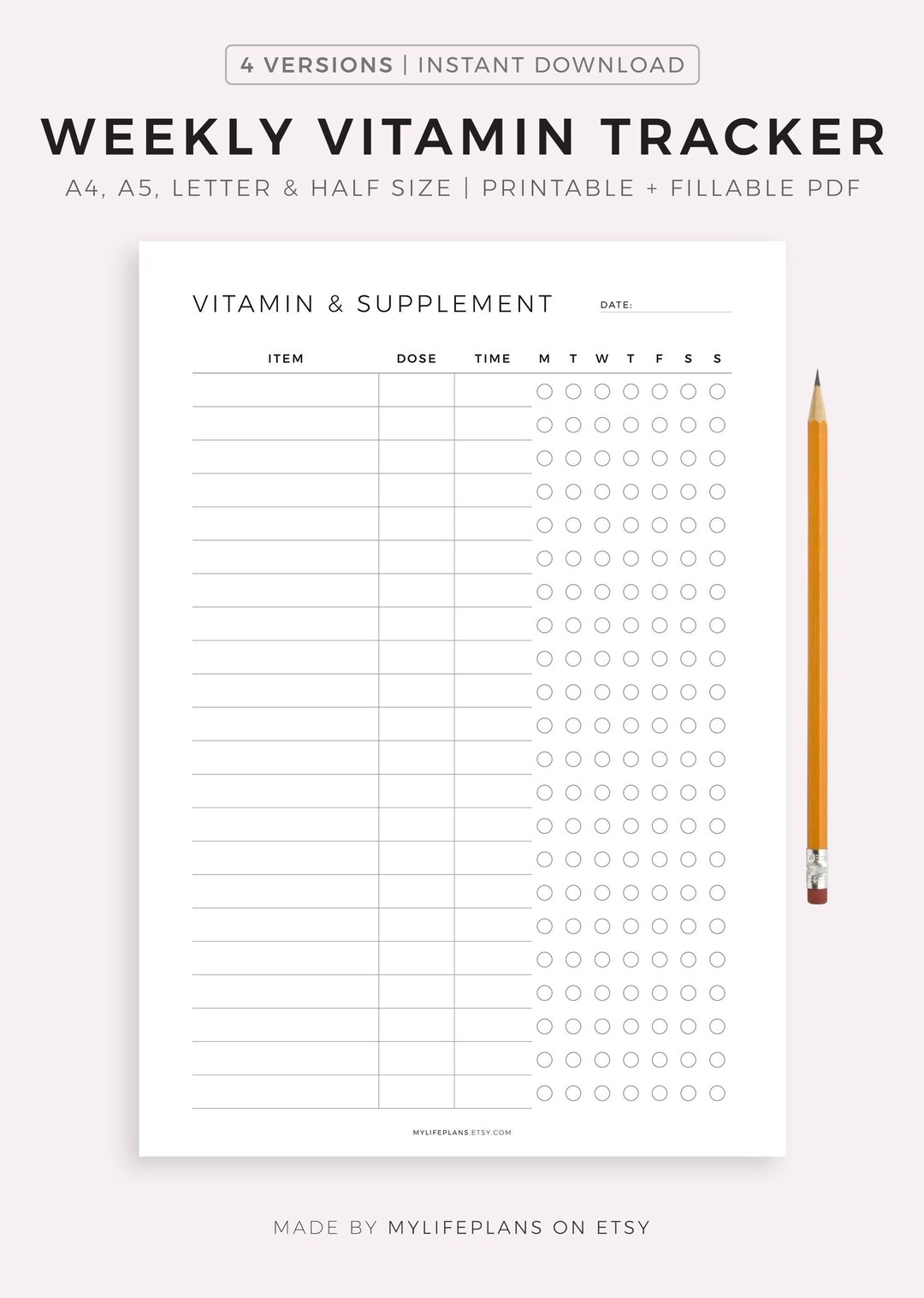 Weekly Vitamin Tracker Printable, Supplement Checklist, Daily Vitamin ...
