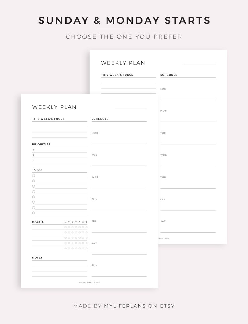 Weekly Planner Printable A5, A4, Letter, Half Size, Weekly Schedule ...