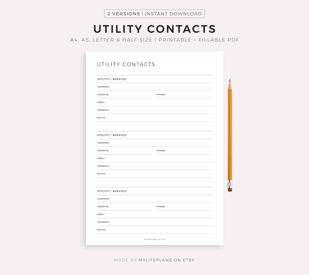 Utility Contacts Printable Template for Home / Business, Service ...