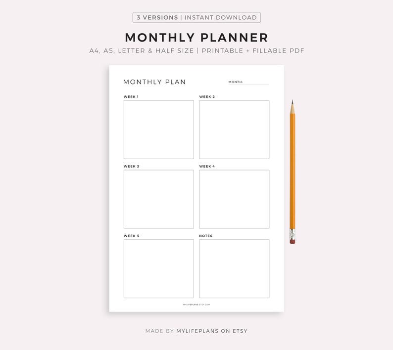 Minimalist Monthly Planner Printable, Month at a Glance, Monthly ...