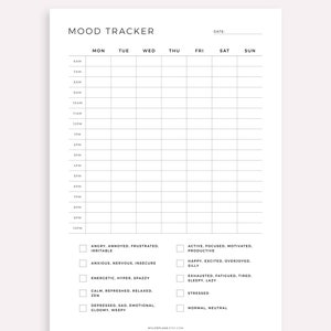 Hourly Mood Tracker Printable, Weekly Mood Journal, Emotion Tracker ...