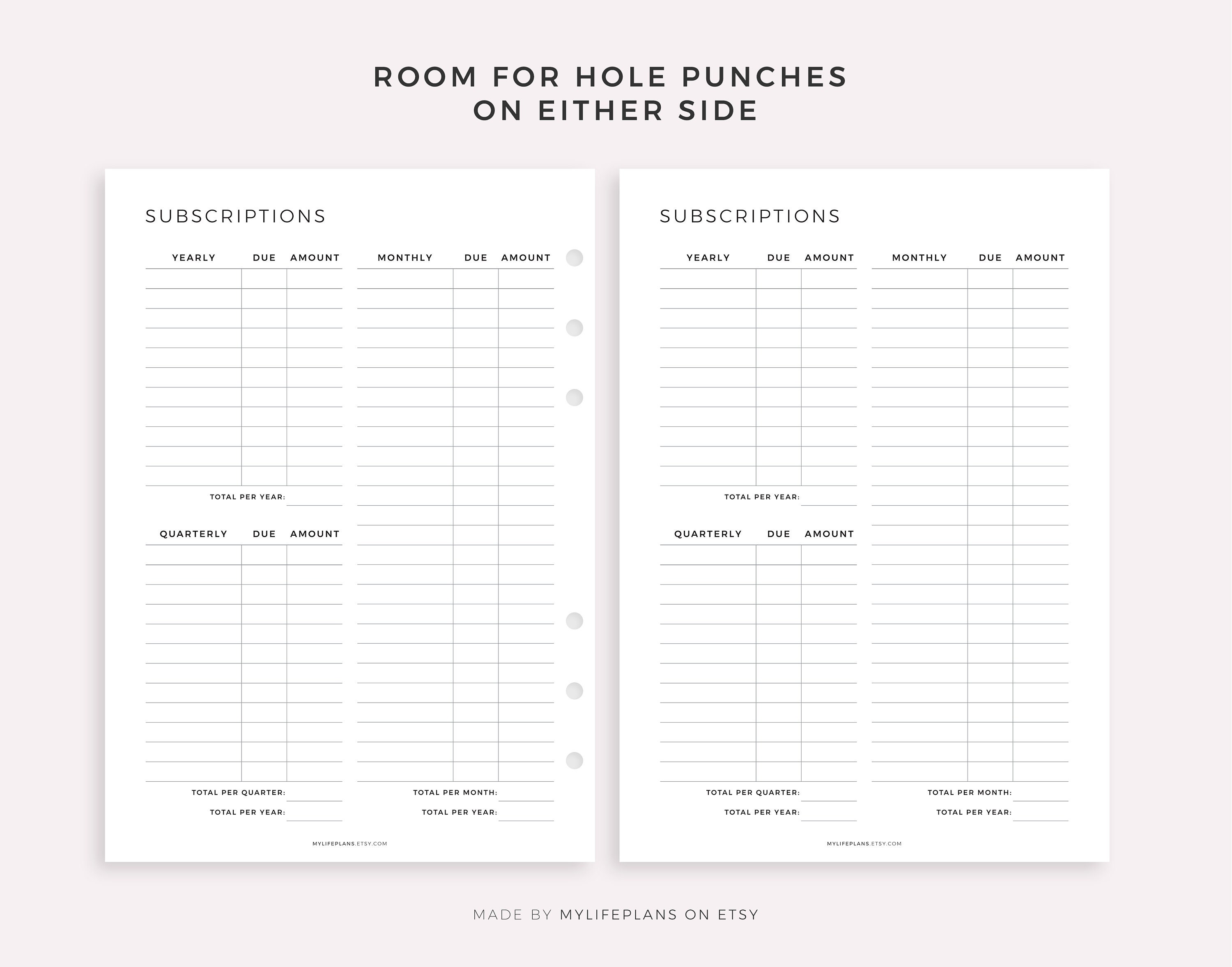 Monthly, Quarterly, Yearly Subscription Tracker Printable, Membership ...