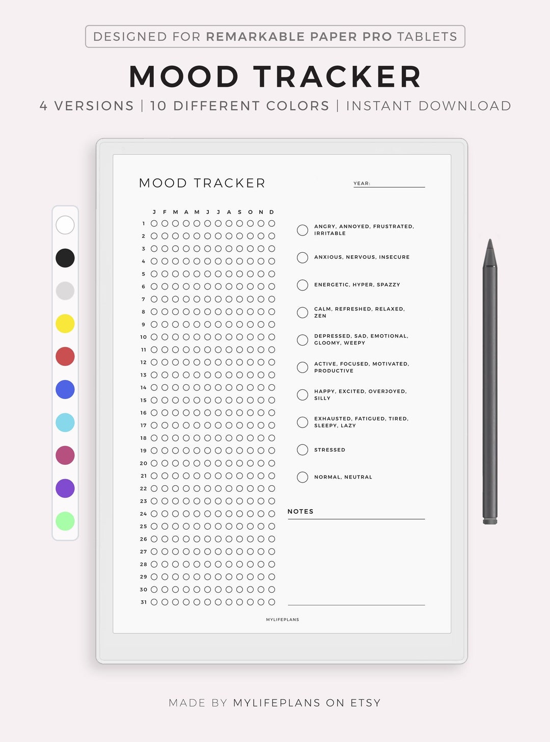 Mood Tracker for Remarkable Paper Pro, A Year in Pixels, Mood Journal ...