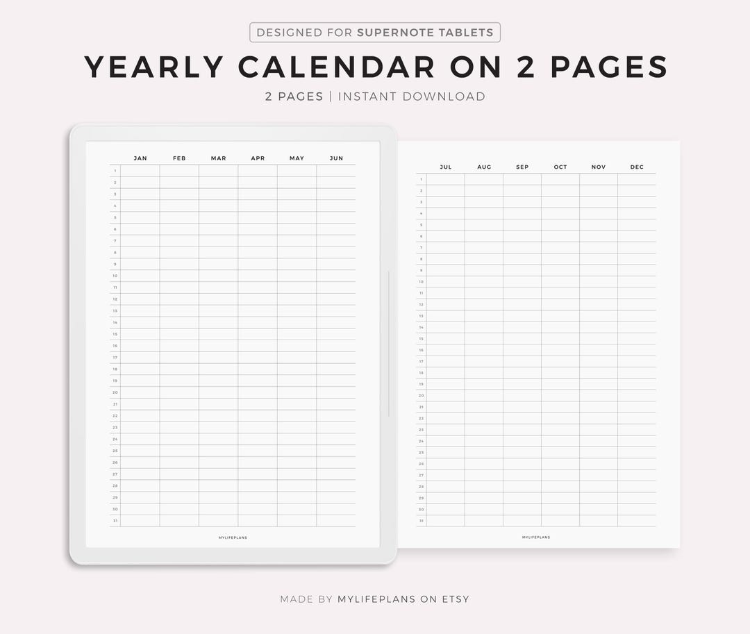 Year Calendar on Two Pages, Undated Calendar, Yearly Overview, Vertical ...